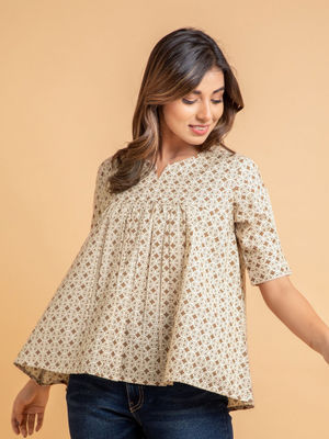 Buy Suti Women Cotton Flared And Gathered Short Top - Cream Online