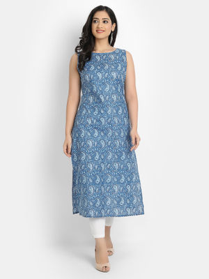 Buy Suti Women Cotton Printed Sleeveless Straight Kurta - Blue Online