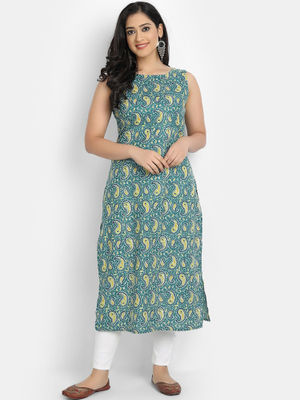 Buy Suti Women Cotton Printed Sleeveless Straight Kurta - Green Online