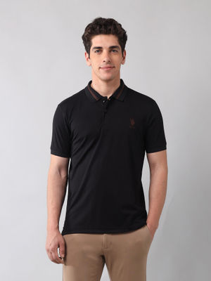 Buy U.S. Polo Assn. Denim Co. Men Black Solid Slim Fit Polo T-Shirt (L ...