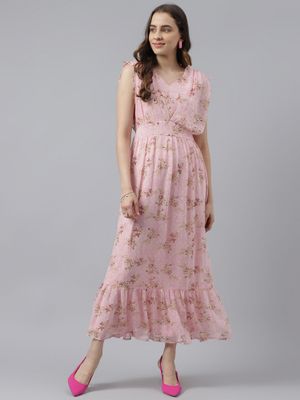 Buy Latin Quarters Women Pink Floral Sleeveless Maxi Dress with Ruffles ...