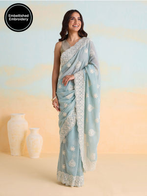 Buy Likha Embroidered and Embellished Ice Blue Saree with Unstitched ...
