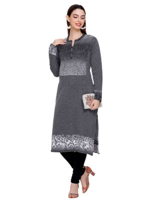 Buy Montrex Womens Dark Grey Full Sleeve Self Design Round Neck Kurta ...