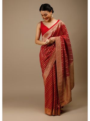 Buy KALKI FASHION Tomato Red Saree In Georgette Brocade Woven Diagonal Stripes with Unstitched ...