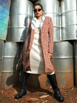 Buy Campus Sutra Womens Chestnut Brown Houndstooth Long Overcoat With Faux Fur Neck Online