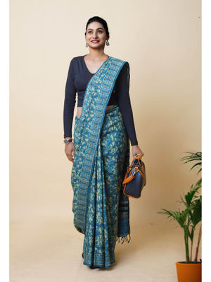 Buy Unnati Silks Blue Pure Hand Block Ajrakh Printed Soft Silk Saree ...