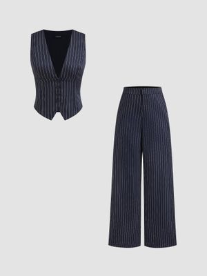 Buy Cider V-neck Stripe Button Tank Top & Mid Rise Pocket Straight Leg Trousers Set Online