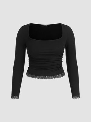 Buy Cider Square Neck Lace Trim Ruched Long Sleeve Tee Curve & Plus (0XL) Online