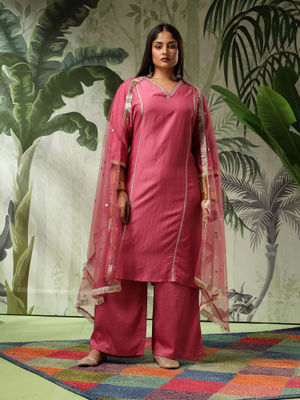 Buy Bani Women Pink Plus Size V-Neck Embroidered Kurta with Palazzo and ...