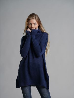 Buy Oh Rare Navy Blue Turtleneck Knitted Solid Color Women's Sweater ...