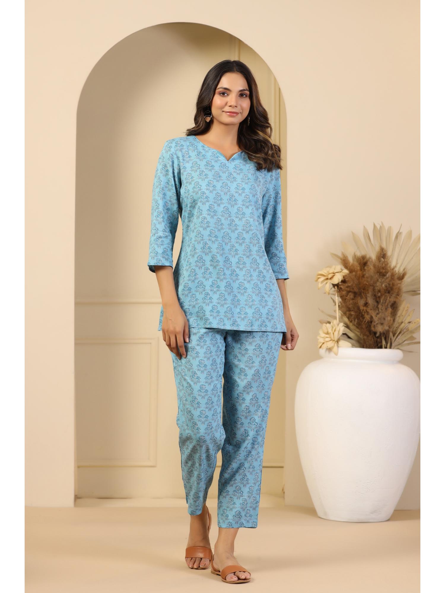 Buy MIRARI Women Sky Blue Cotton Printed Nightsuit Set of 2 Online