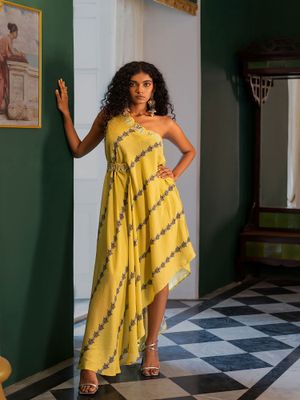 Buy 17 : 17 by Simmi Saboo Yellow Evil Eye One Shoulder Asymmetric Cut ...