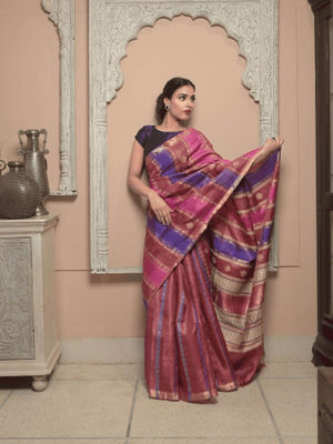 Buy Dusala India Women Eka Kanya Multi-Color Colorblock Handloom Saree ...