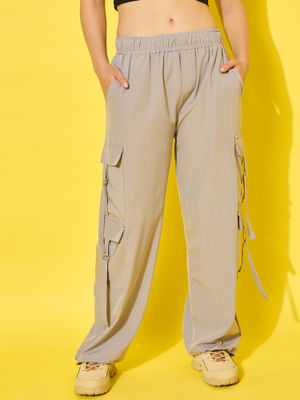 Buy Buynewtrend Grey Polyester Snug Fit Multi Pockets Elasticated Women ...