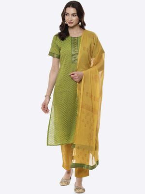Buy Biba Green Cotton Unstitched Suit Set (Set of 3) Online