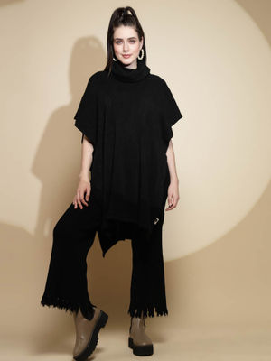 Buy Global Republic Black Solid Flared Sleeve Turtle Neck Poncho Online