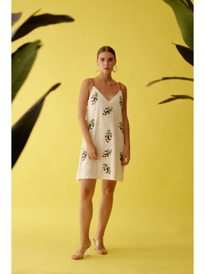 Buy Nikasha Off-White Hand Painted Chilli Print V-Neck Slip Dress online