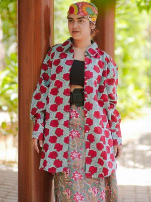 Buy Sassy Sajja Green Rosa Hand Block Printed Oversize Shirt (S) Online