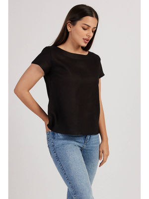 Buy Creatures of Habit Linen Boat Neck Top Carbon Black Online