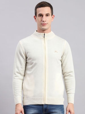 Buy Monte Carlo Cream Solid Stand Collar Sweater Online