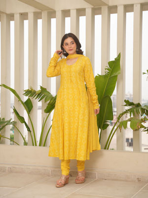 Buy ONEWE INDIA Yellow Block Print Cotton Kurta with Churidar and ...
