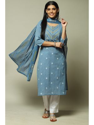 Buy Biba Blue Cotton Unstitched Suit (Set of 3) Online