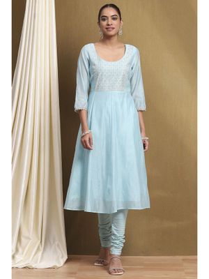 Buy Biba Women Blue Embroidered Kurta with Churidar and Dupatta (Set of ...