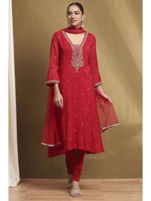 Buy Biba Women Red Embroidered Kurta with Churidar and Dupatta (Set of ...
