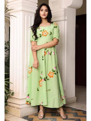 Buy Hatheli Mint Green Hand Painted Flared Cotton Dress online