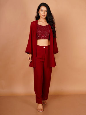 Buy Zink London Womens Red Embroidered Basic Co-Ord Online