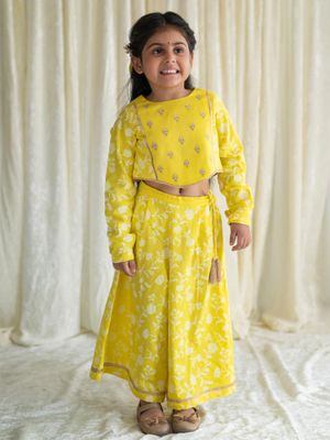 Buy TIBER TABER Girl Ethnic Co-ord Embroidered - Yellow (Set of 2) Online