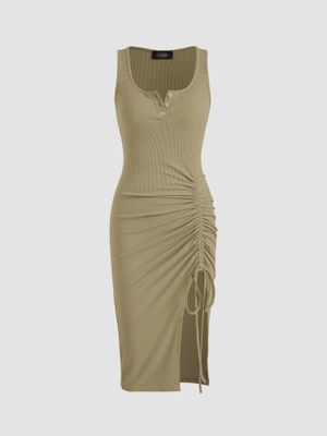 Buy Cider Khaki Rib Button Drawstring Midi Dress (M) Online