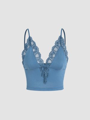 Buy Cider Blue Satin Lace Shoulder Strap Cami Crop Top (XS) Online