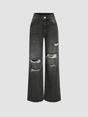 Buy Cider Grey High Waist Ripped Straight Leg Jeans (XXS) Online