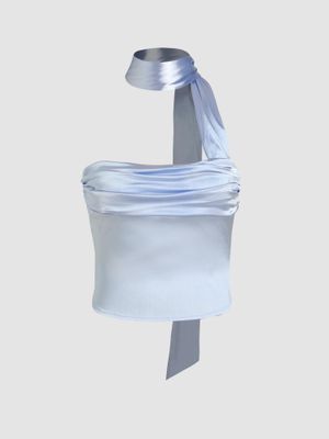 Buy Cider Blue Satin High Neck Ruched Crop Top (S) Online