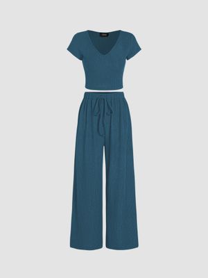 Buy Cider Blue V-Neck Short Sleeve Crop Tee and Knotted Wide Leg Pant ...