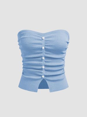 Buy Cider Blue Faux Pearl Split Ruched Knit Crop Top (M) Online