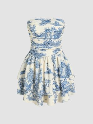 Buy Cider Blue Toile De Jouy Shirred Ruched Mini Dress (L) Online