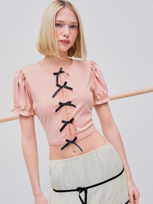 Buy Cider Pink Round Neck Bowknot Puff Sleeve Crop Top (S) Online