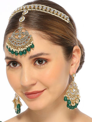 Buy OOMPH Green Beads & Kundan Sheeshphool Set Matha Patti with Drop ...