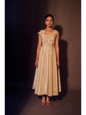 Buy Weaving Cult Gold Tissue Flared Embellished Dress (XS) Online