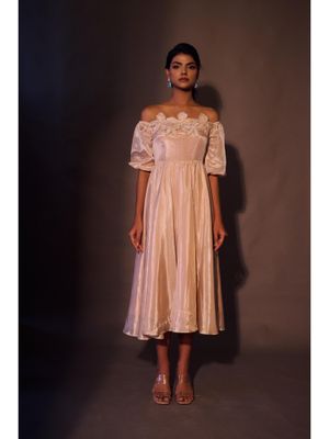 Buy Weaving Cult Rose Gold Tissue Embellished Off Shoulder Dress (XS ...