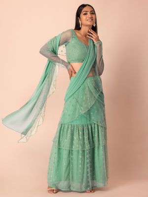 Buy Indya Sage Foil Mesh Ruffled Pre Draped Saree Online
