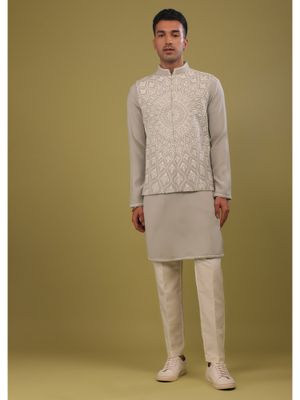 Buy KALKI FASHION Wind Chime Grey Thread Embroidered Bandi Jacket in ...
