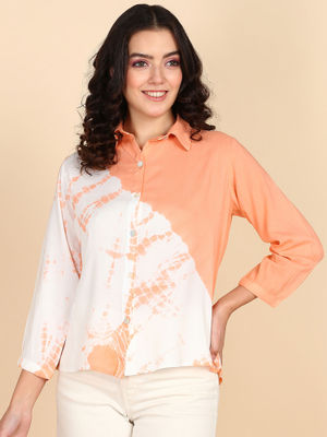 Buy Maaesa Peach Colorblock Rayon Staple Collar Shirt Online