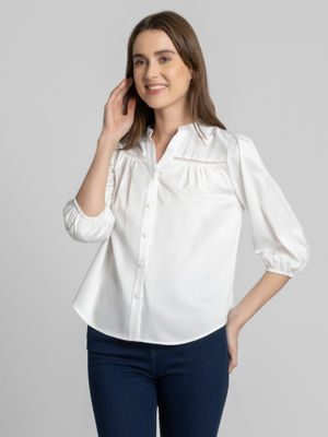 Buy SHAYE White Solid Three Fourth Sleeves Casual Shirts for Women Online