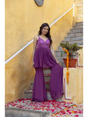 Buy DEASHA INDIA Ridha Purple Embroidered Top with Sharara (Set of 2 ...