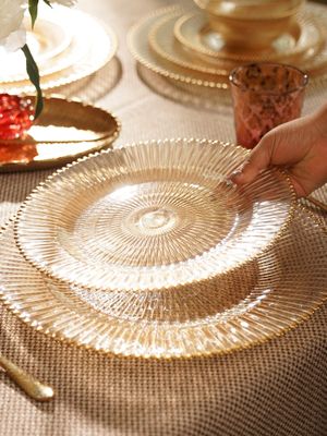 Buy Pure Home + Living Set Of 2 Amber and Brown Ribbed Dinner Plates Online