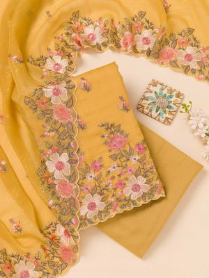 Buy Koskii Mustard Thread Work Tissue Unstitched Kurta and Unstitched ...