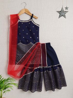 Buy The Magic Wand Navy Blue Foil Printed Kurta with Sharara and ...